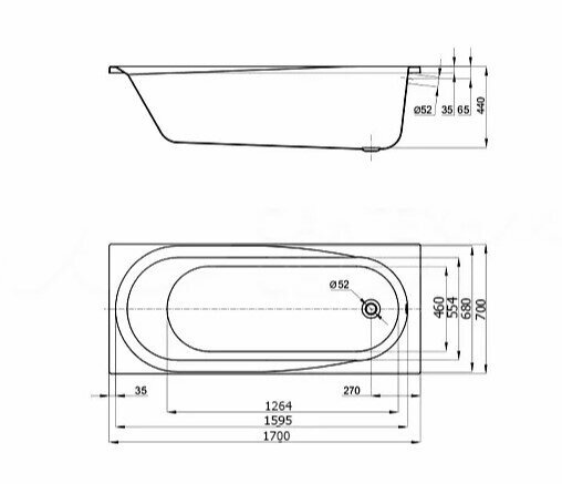 Акриловая ванна ALBA SPA Baline без опоры 170x70 см, пристенная, белая
