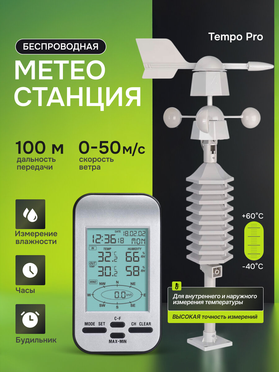 Беспроводная метеостанция Tempo Pro с часами и датчиком ветра