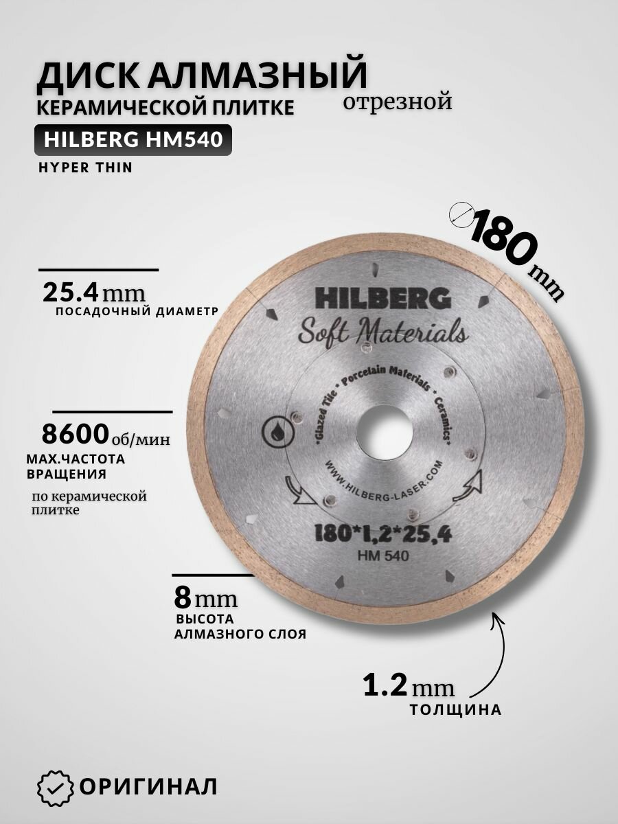 Диск алмазный Hilberg сплош.180*1,2*8*25,4 Hyper Thin HM540