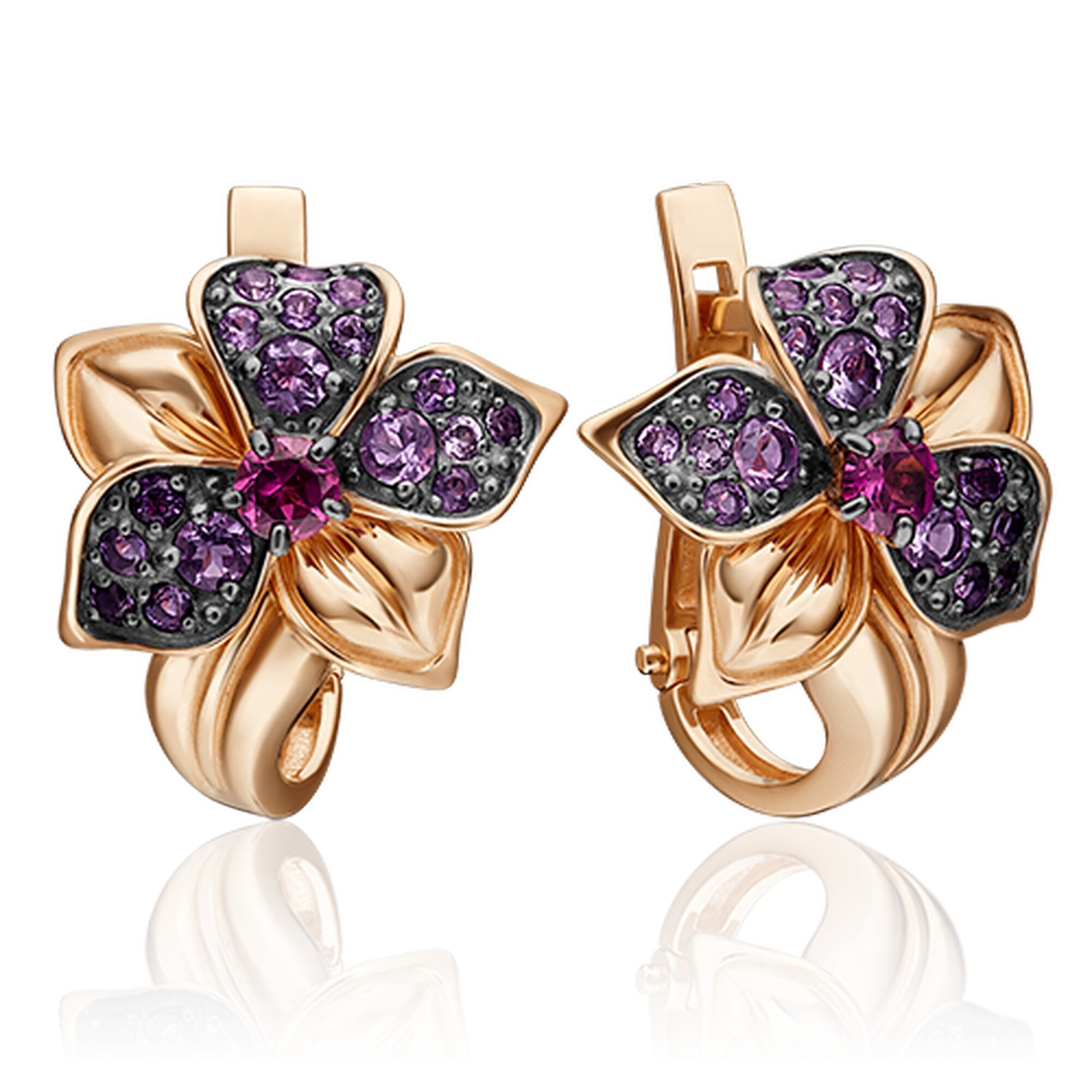 Серьги, красное золото, 585 проба, аметист, гранат