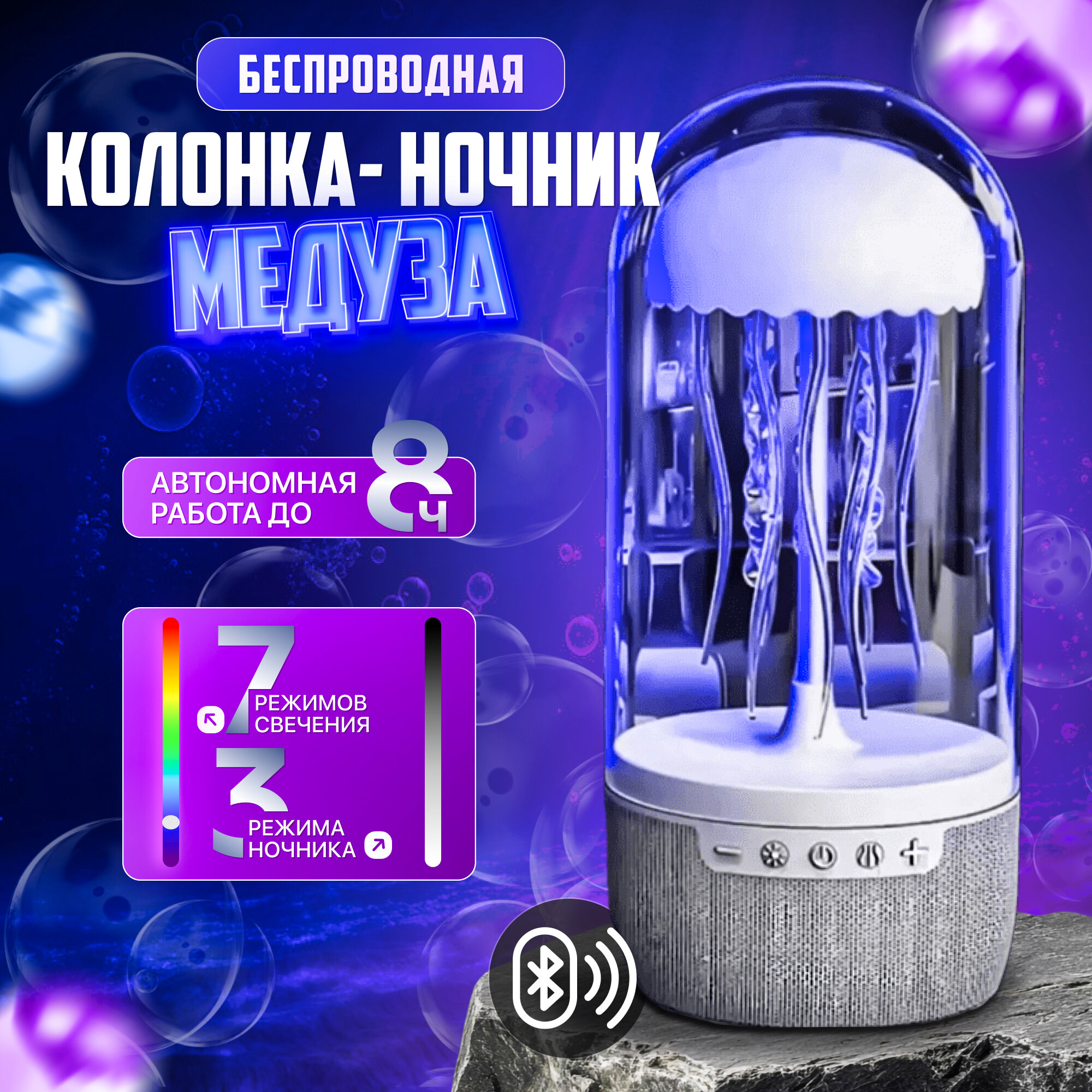 Беспроводная портативная колонка Медуза с RGB подсветкой / Bluetooth / MP3 / AUX / Micro SD