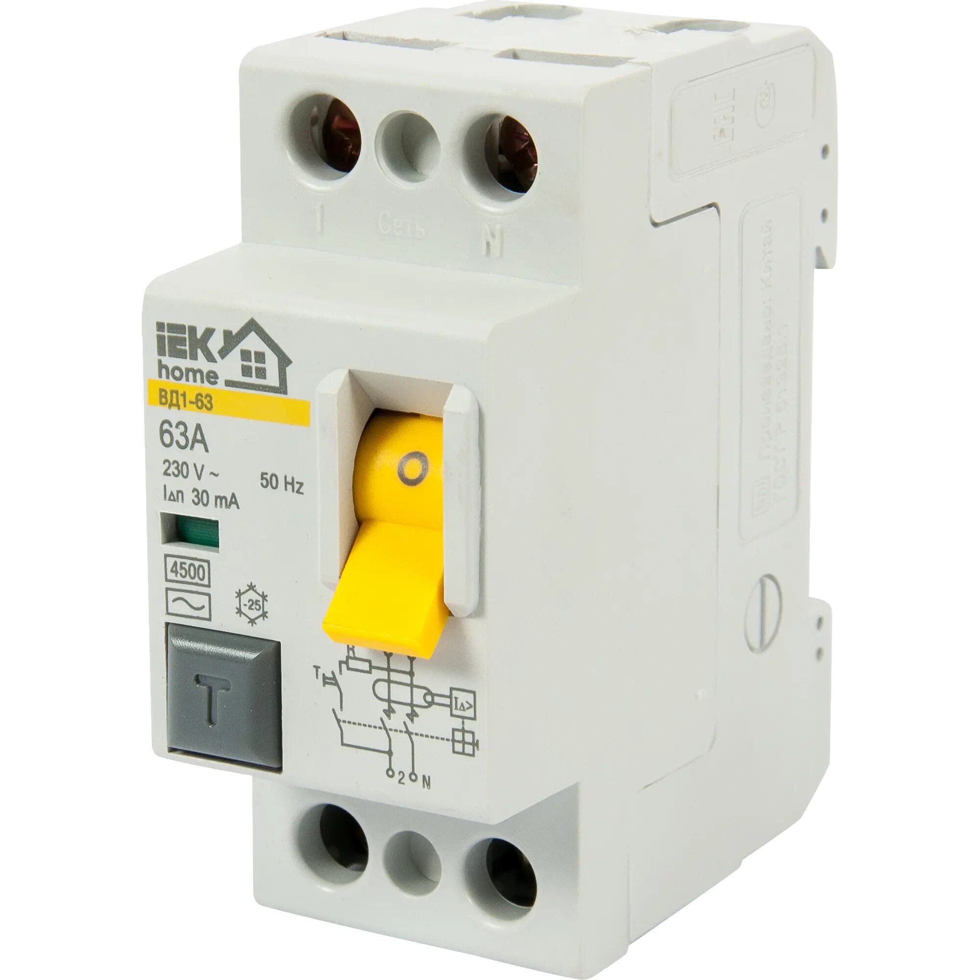 IEK Home УЗО VD1-63 1P N 63 А 30 мА 4.5 кА AC MDV10-2-063-030 однофазное устройство