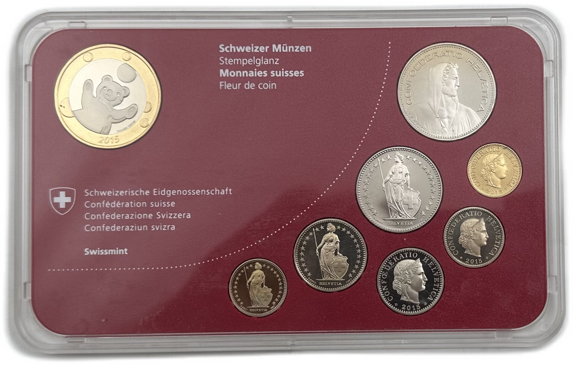 Годовой набор 5, 10, 20 раппенов 1/2, 1, 2, 5 франков 2015 BUNC Швейцария 7 монет + жетон медведь