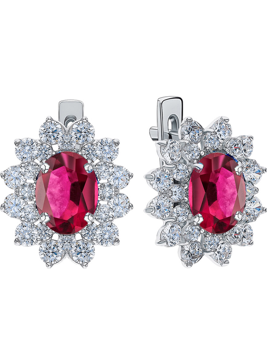 Серьги, серебро, 925 проба, родирование, рубин синтетический, фианит