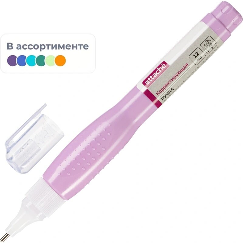 Корректирующая ручка 12 мл Attache, металл наконечник, ассорти