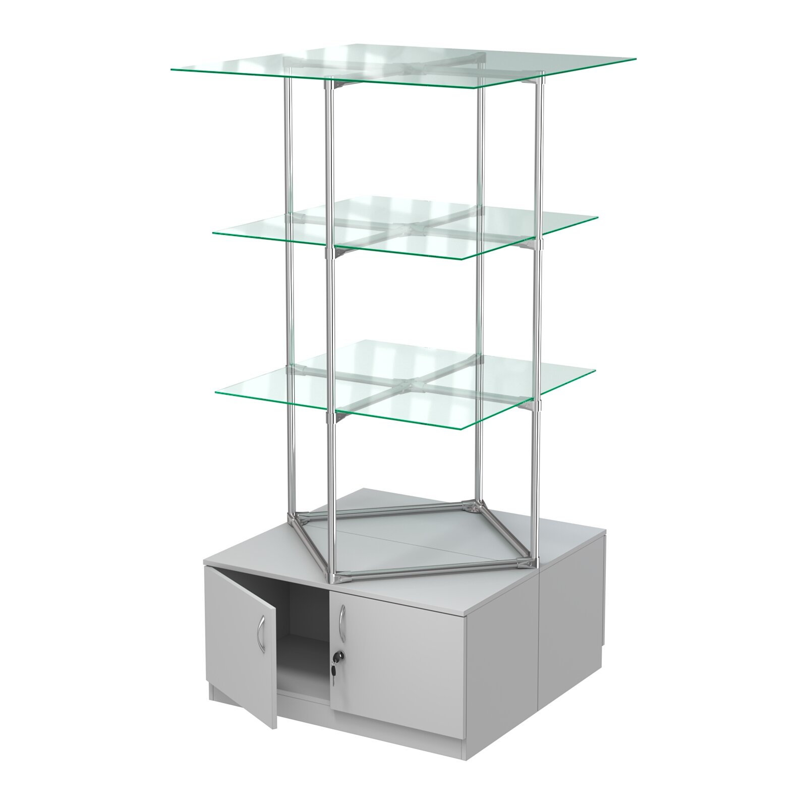 Торговые стенды Экспозиция с полками и тумбами №1 (с двумя стеклянными полками 6мм), Серый