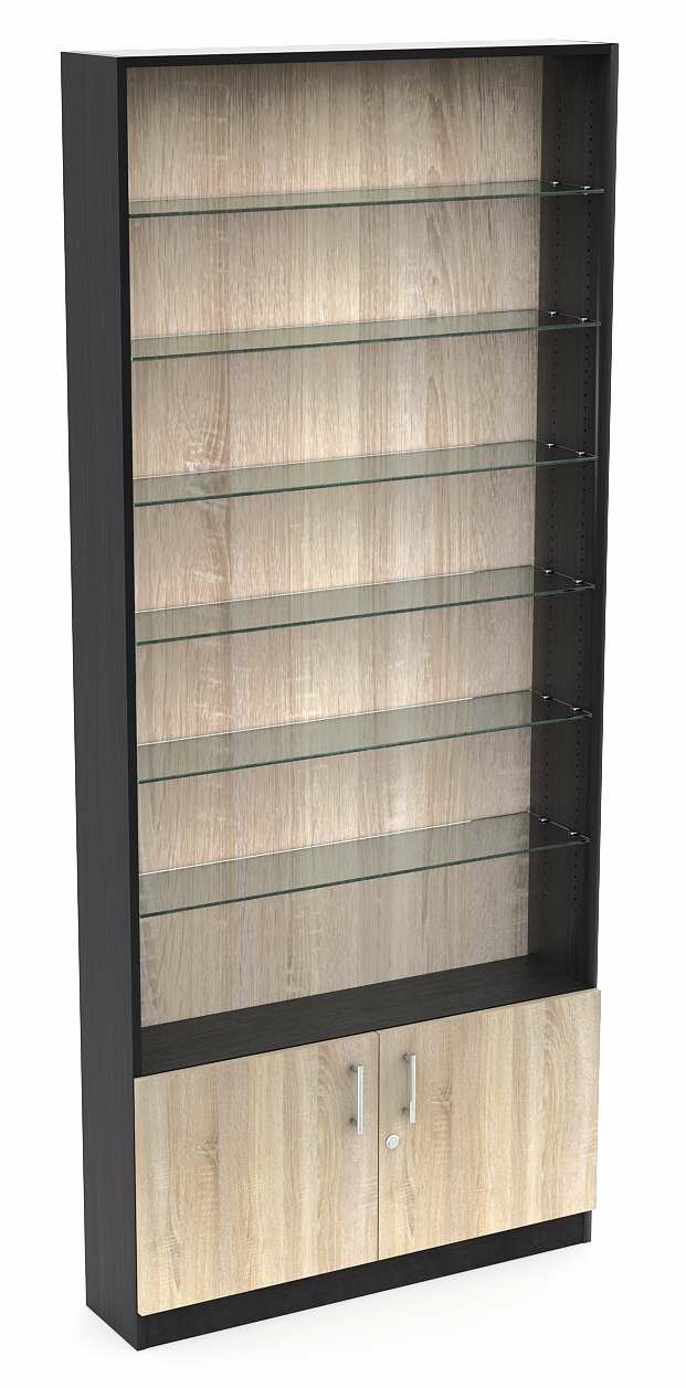 Стеллаж с 6-ю стеклянными полками 200x900 мм серии UP-6 №10 (З/C - ДВП), Дуб Золотистый