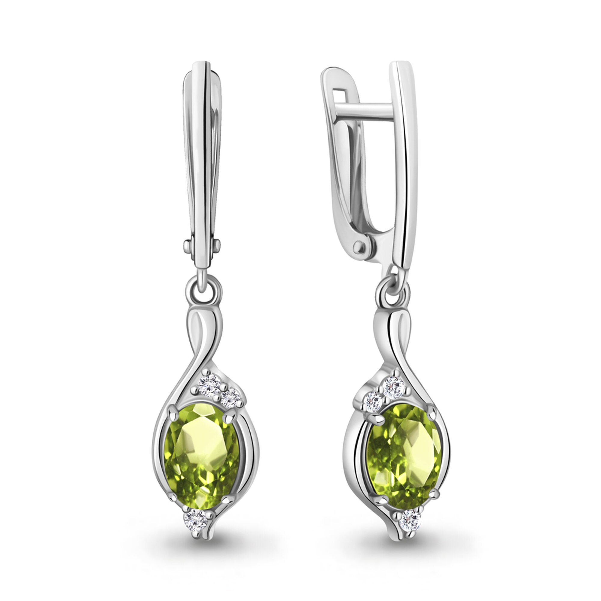 Серьги, серебро, 925 проба, родирование, хризолит, фианит