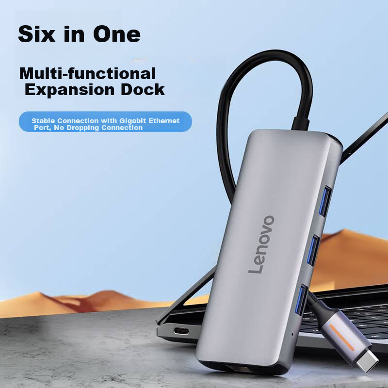 Lenovo Type-C Docking Station USB Hub Splitter with HDMI 4K 60Hz Display PD Fast Charging Gigabit Ethernet Port for Apple iPhone iPad Tablet Universal