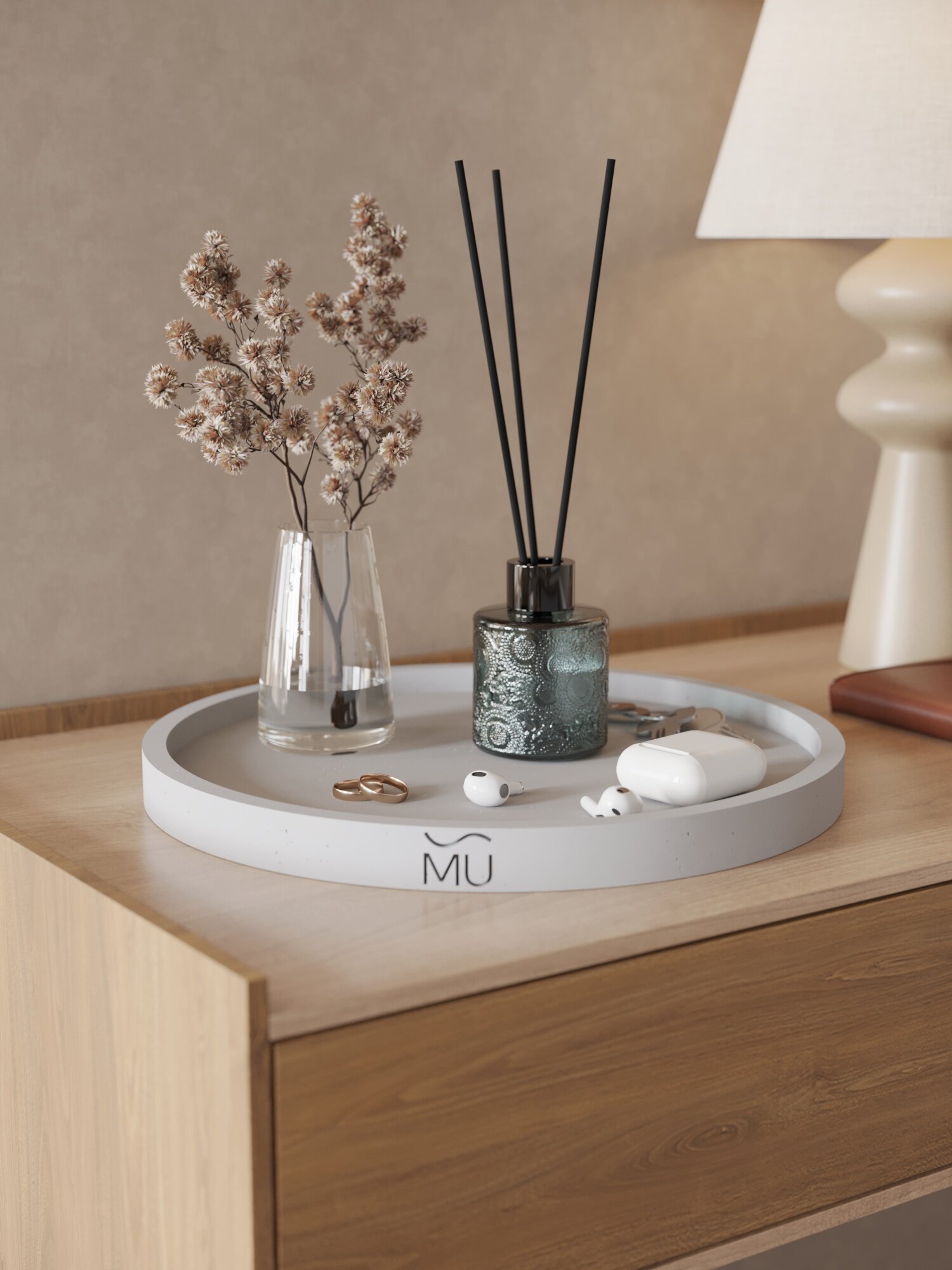 Декоративный круглый поднос, подставка для украшений, мелочей и косметики Lora XXL 30x30 см, бетон, серый матовый