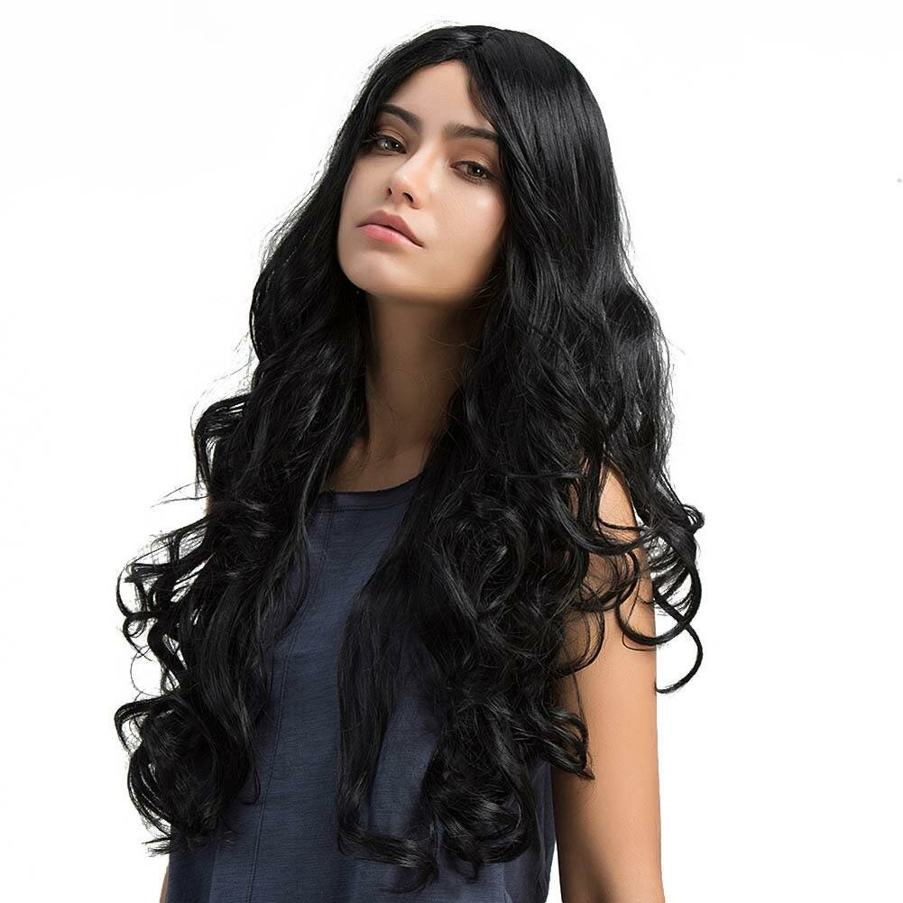 Женские сексуальные длинные большие волнистые вьющиеся парики с центральным пробором, черные синтетические волосы, женский косплей, вечеринка, полный парик, подарок