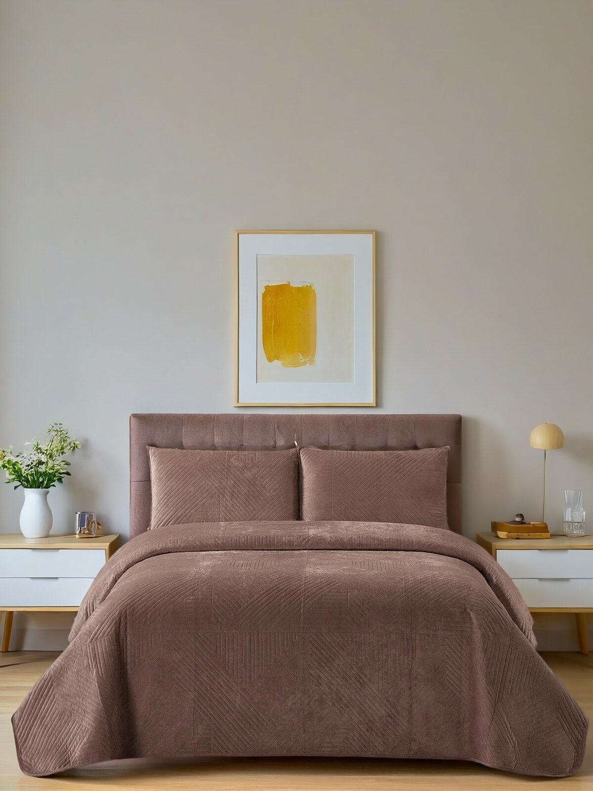 Велюровое покрывало Cleo VELLUTO евро макси 230х250, покрывало на кровать и диван с двумя наволочками, коричневое