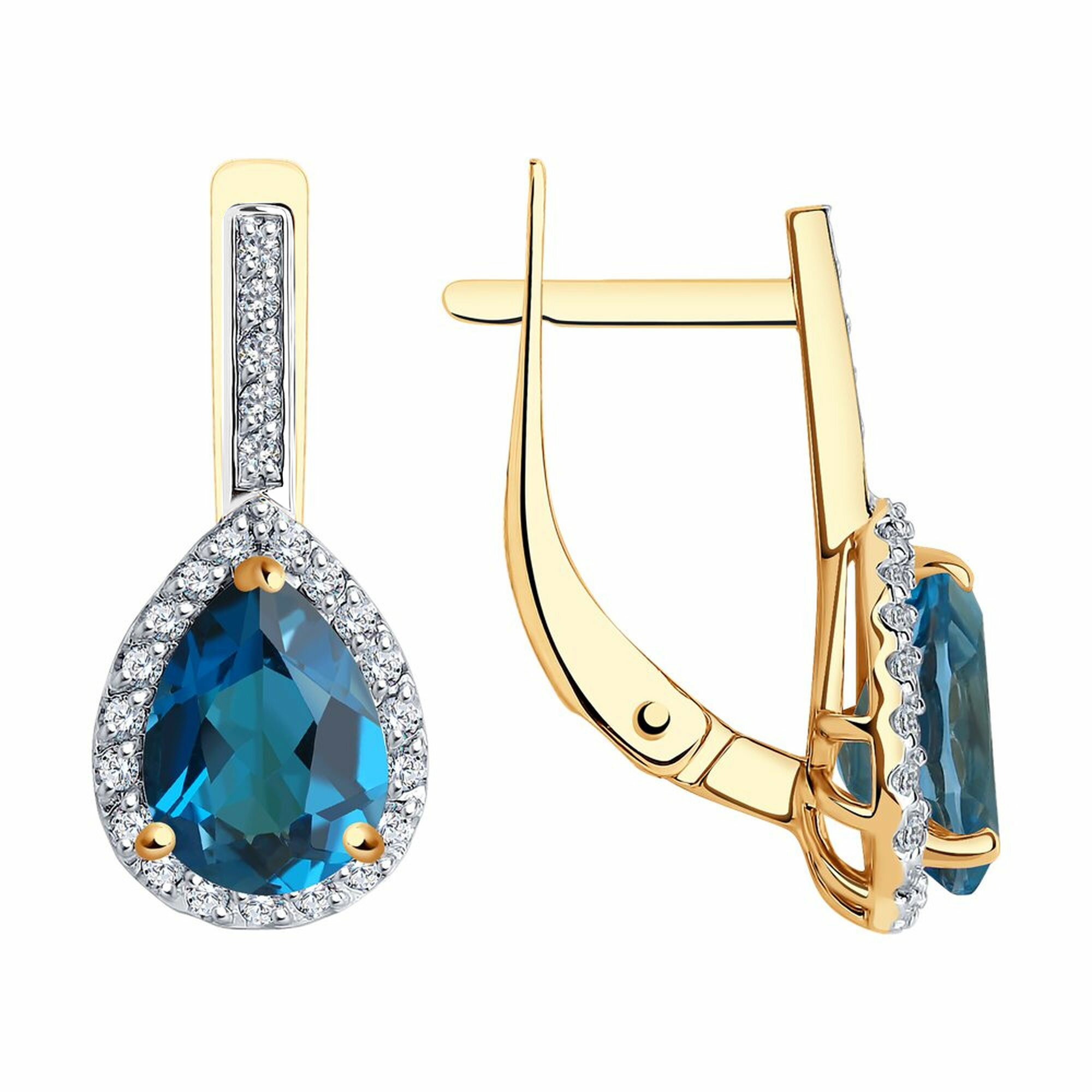 Серьги, красное золото, 585 проба, фианит, Лондон топаз