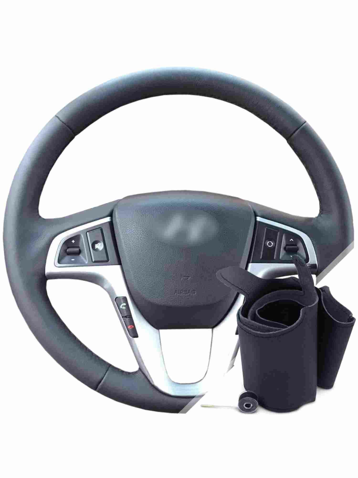 Оплетка на руль из натуральной кожи Hyundai Solaris 2011-2017 г. в. (для замены штатной кожи, руль без подогрева, черная) belais #0237