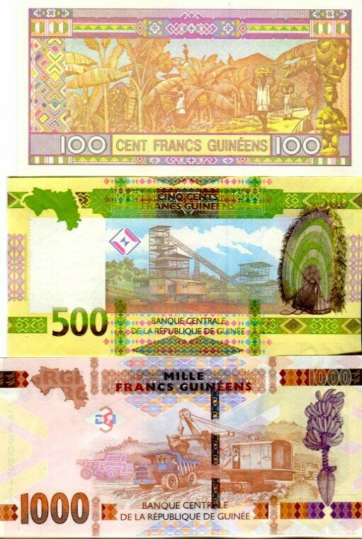 Набор банкнот Гвинея 100, 500, 1000 франков 2015-2022г