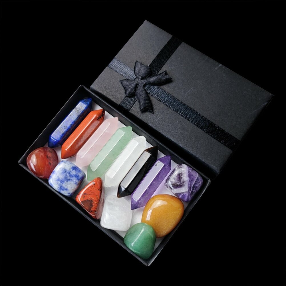 Набор "Семь чакр" 14 шт: шестиугольная колонна, кристаллы (аметист, розовый кварц), камни силы, подарок для друзей.