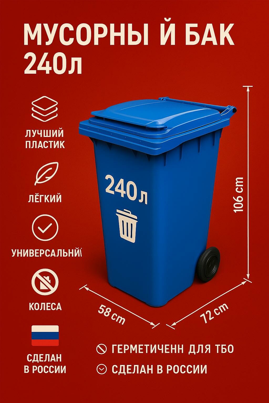 Контейнер для мусора PLUS синий 240л универсальный бак с крышкой и колесами