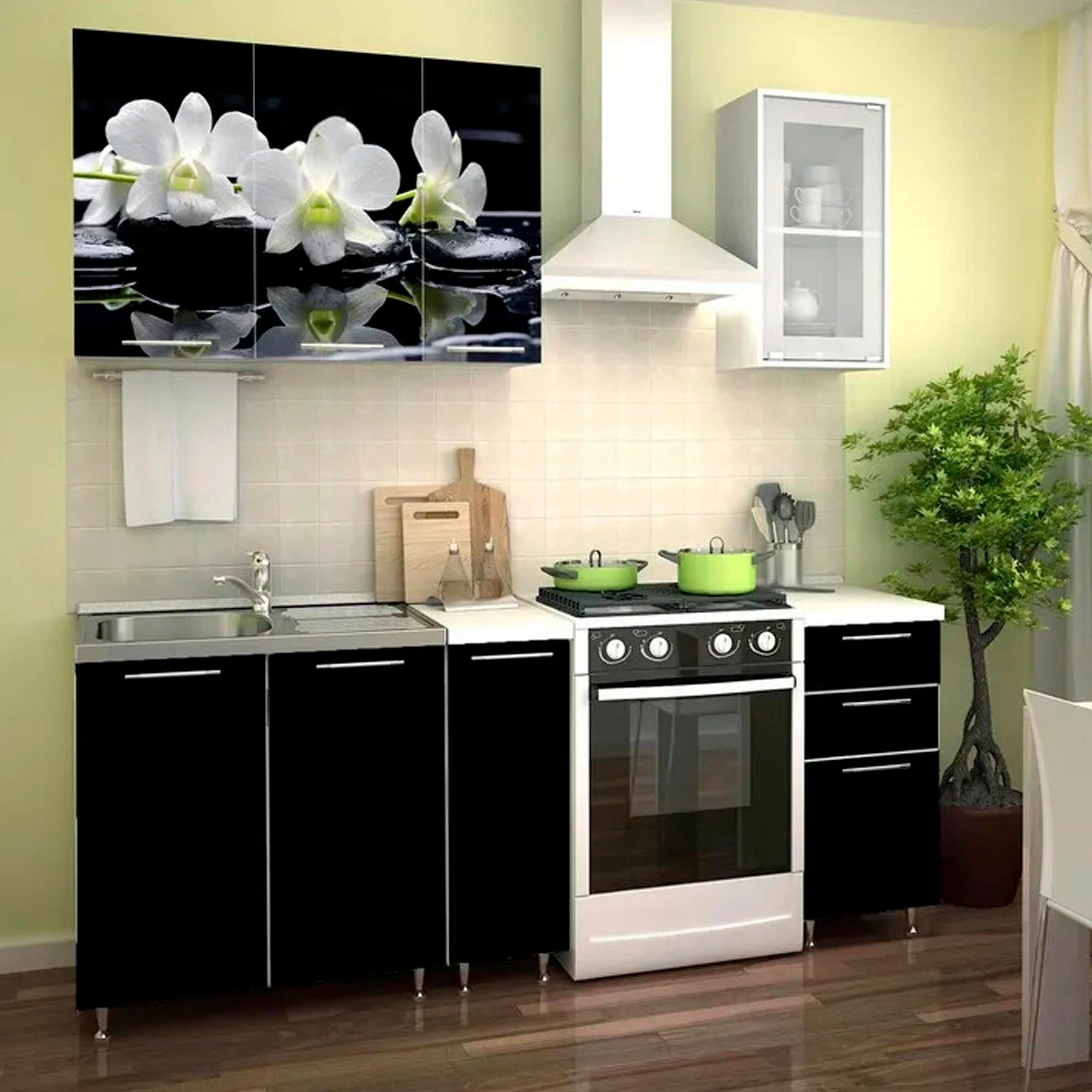 Кухонный гарнитур Фасад Фотопечать Лак, Орхидея /Черный, шириной 150 см, компактная, с полками и ящиками, для дома и квартиры