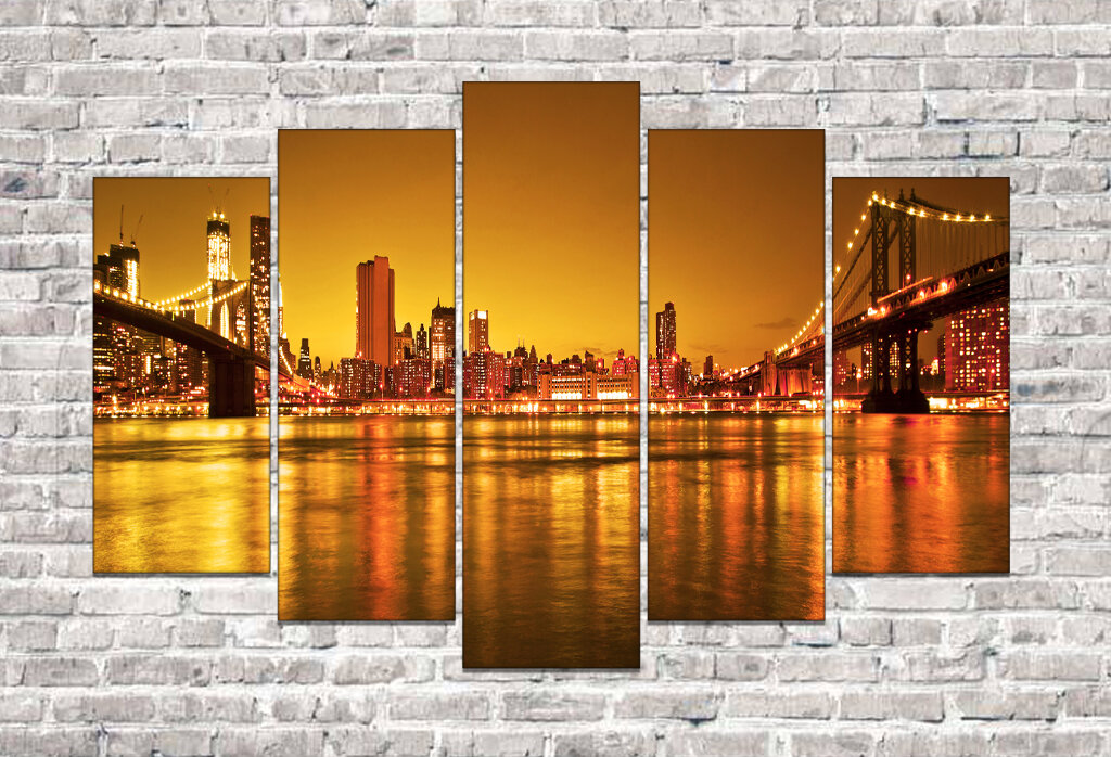 Модульная картина modul007 на стену для интерьера из 5 модулей "Мост в Нью Йорке" 140х80 см декор комнаты на подрамнике
