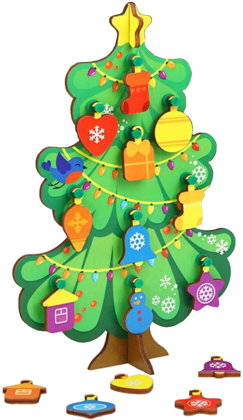 Развивающая игрушка с крючками "Елочка" деревянная, с украшениями