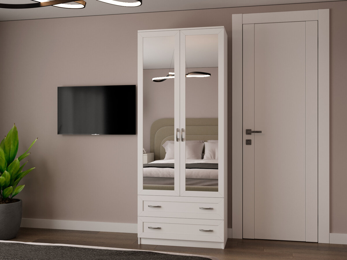 Шкаф распашной Стелла-10 Белый для одежды с зеркалом двухдверный 80*200*60