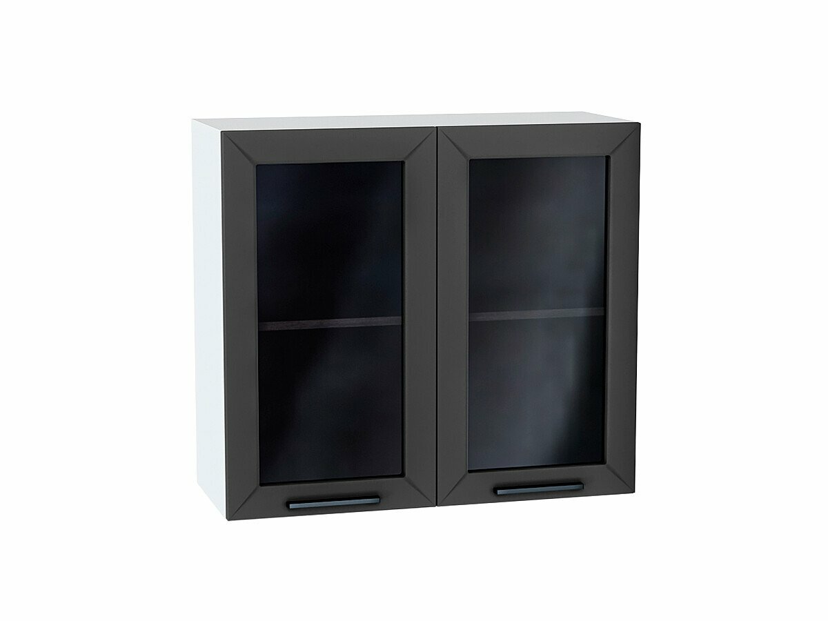 Шкаф верхний с 2-мя остекленными дверцами Глетчер, цвет фасада Маренго Силк, цвет каркаса Белый, стекло Lacobel «Black», 716*800*318 мм