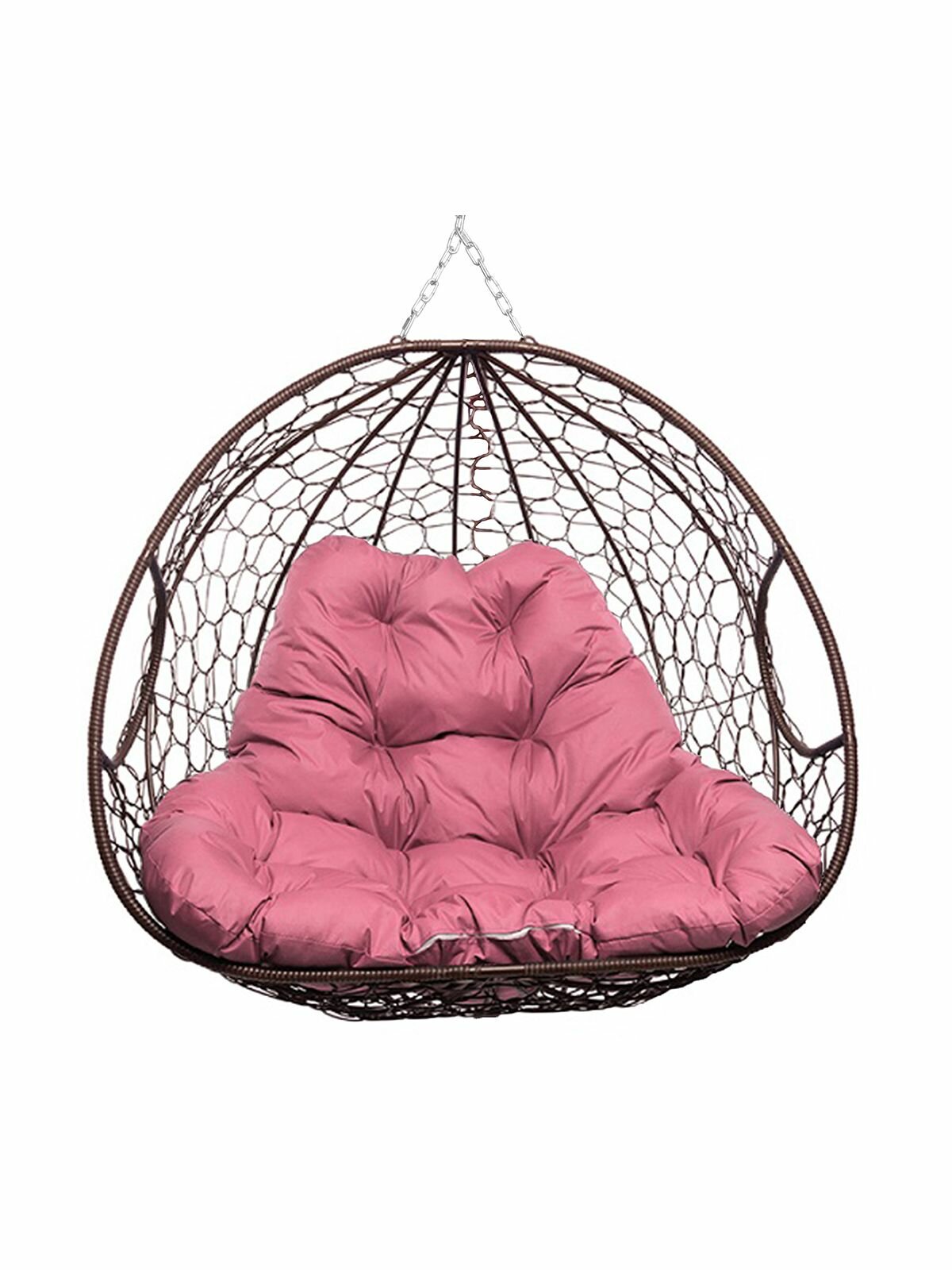 Подвесное кресло для двоих (без стойки), с ротангом коричневое, розовая подушка