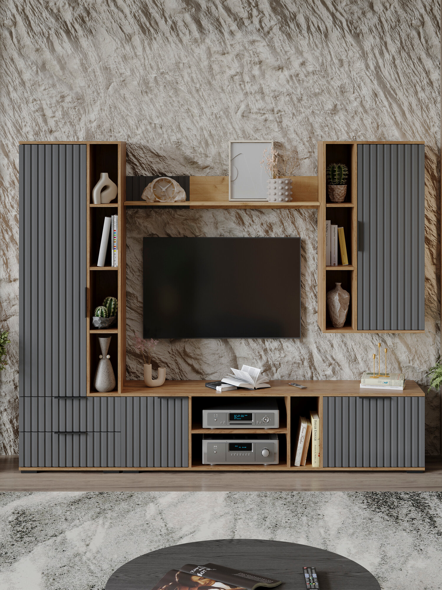 Стенка в гостиную №1 Хилтон (Дуб крафт золотой/Графит матовый)