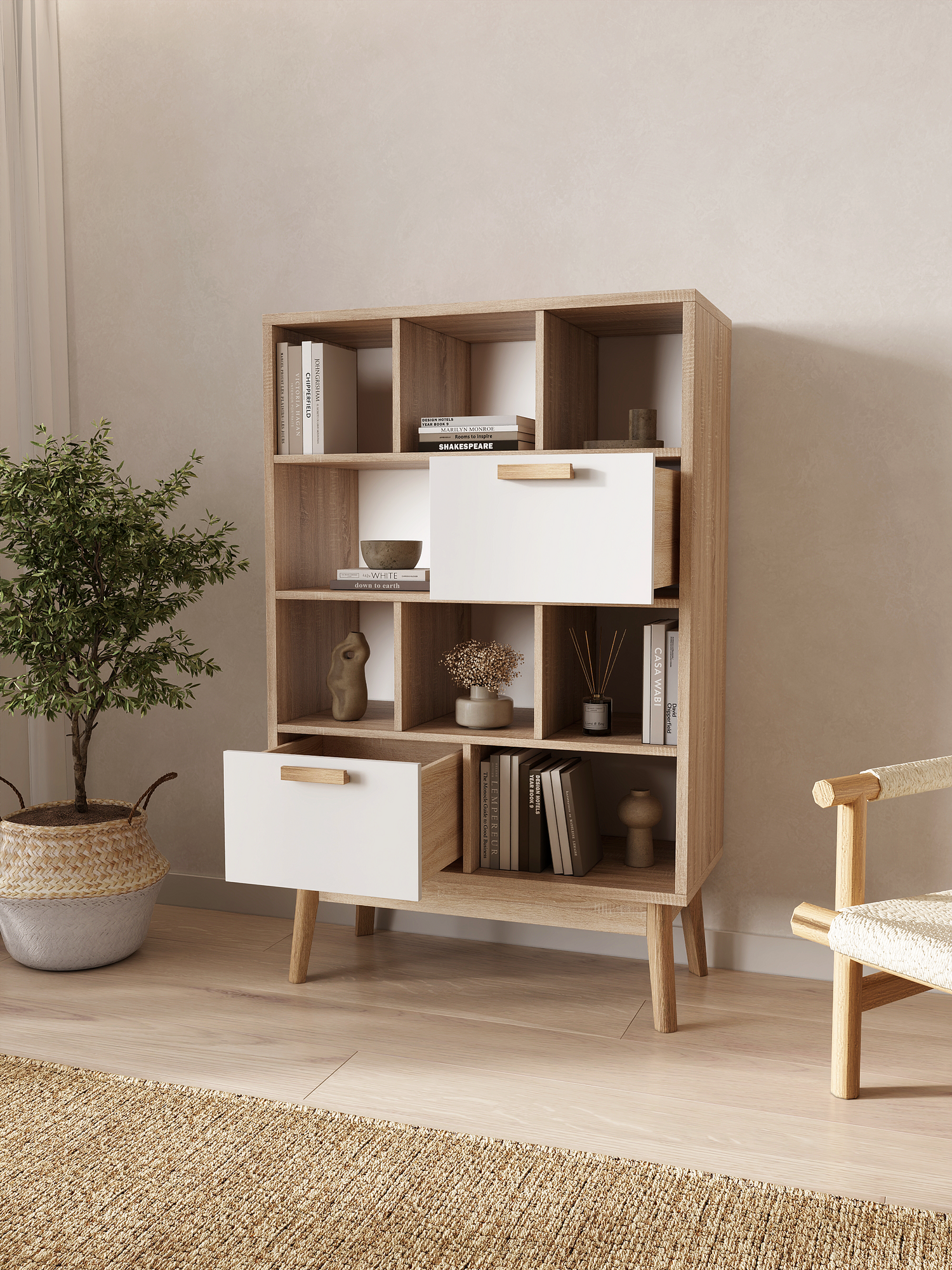 Стеллаж A-A MEBEL Ярви на ножках деревянный напольный с ящиками и полками ЛДСП/МДФ, дуб сонома/белый 86x136х40 см