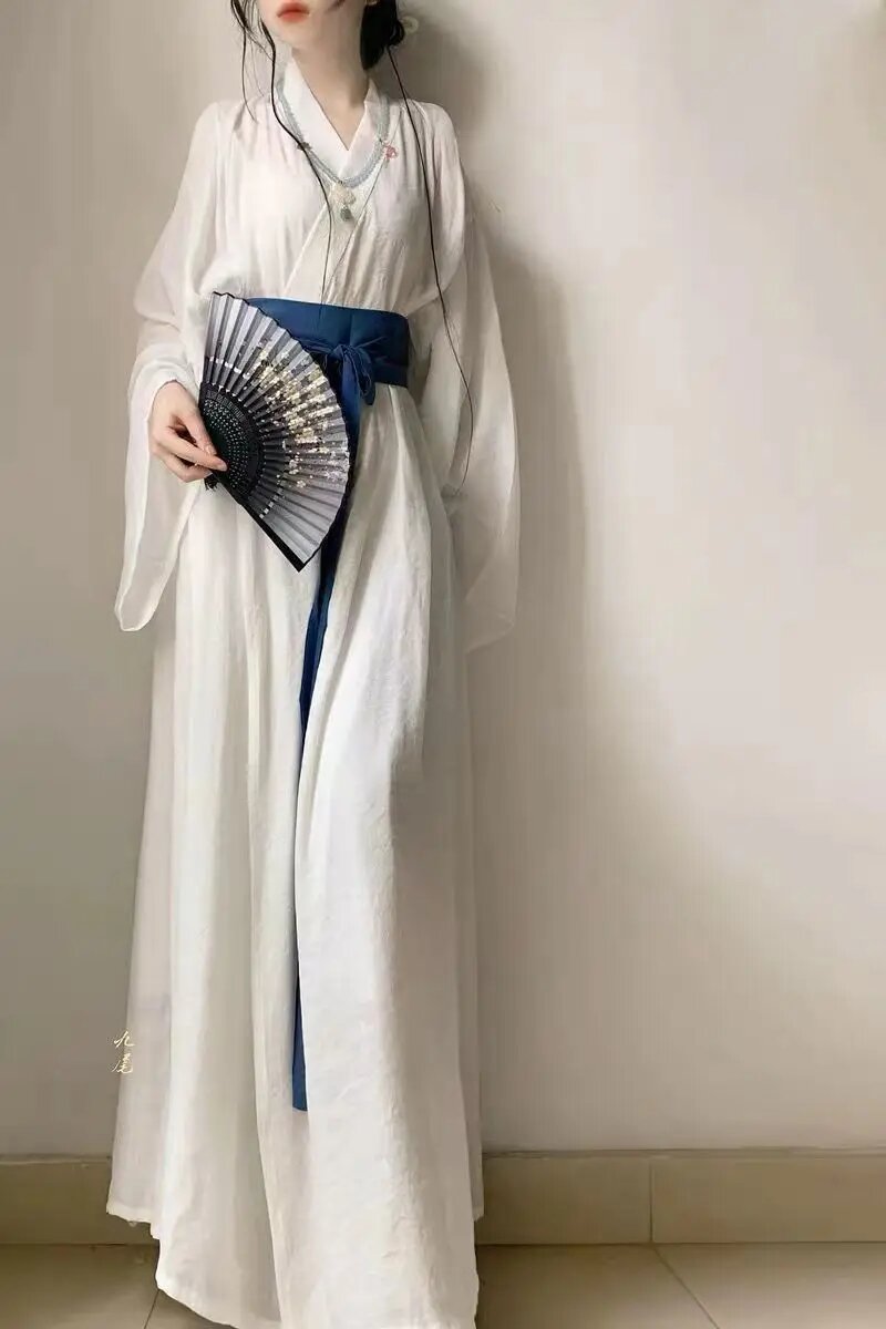 Женское платье ханьфу из хлопка и льна 4XL зелёно-бежевого цвета XL, White 1pcs with belt