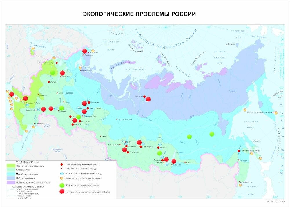Карта Экологические проблемы России. 8-9 классы (70*100см.)