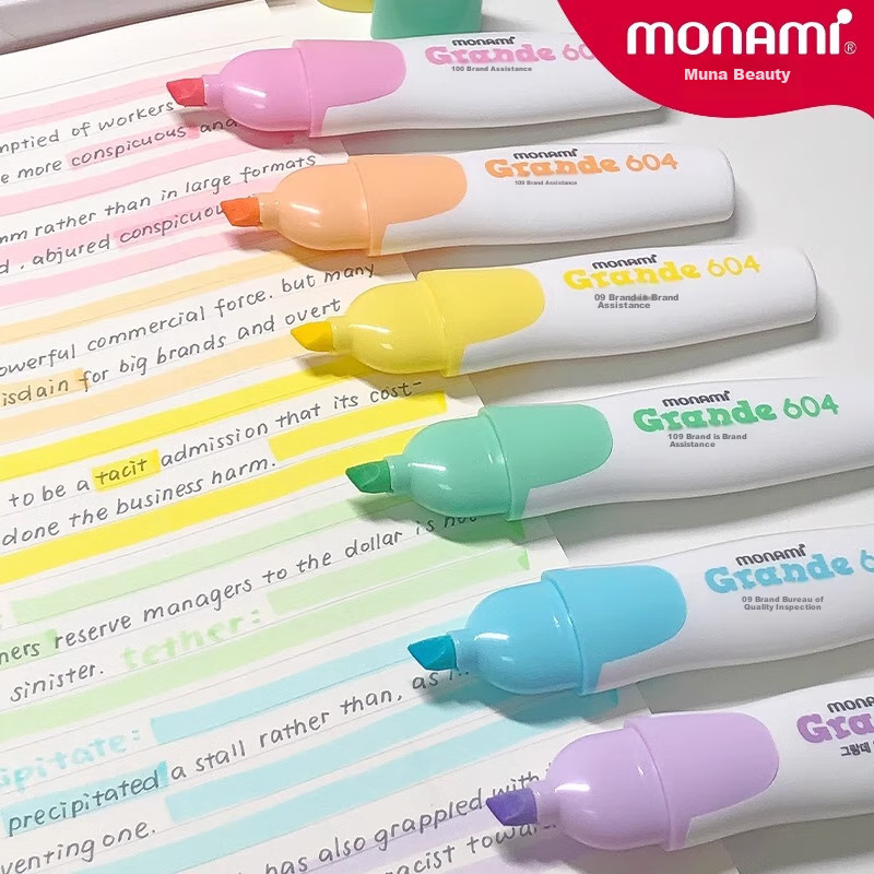 Monami Imported New 604 Quick-Drying Highlighter Marker, Highlighting Pen, Colorful Doodle Pen, Soft Color 6-Color Set 06025Z06