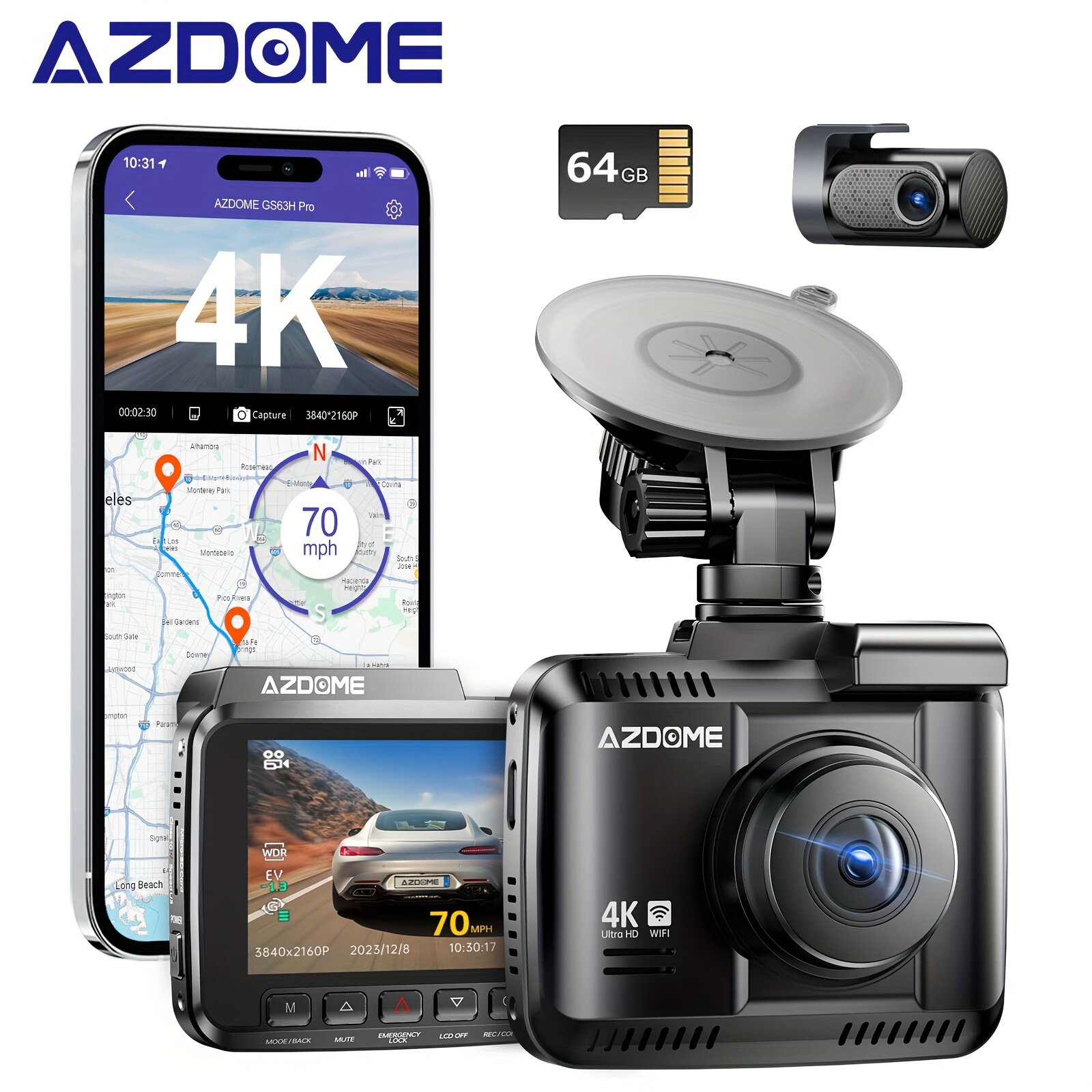 AZDOME GS63H Pro 4K видеорегистратор для автомобилей, передняя и задняя камеры, встроенный GPS, скорость