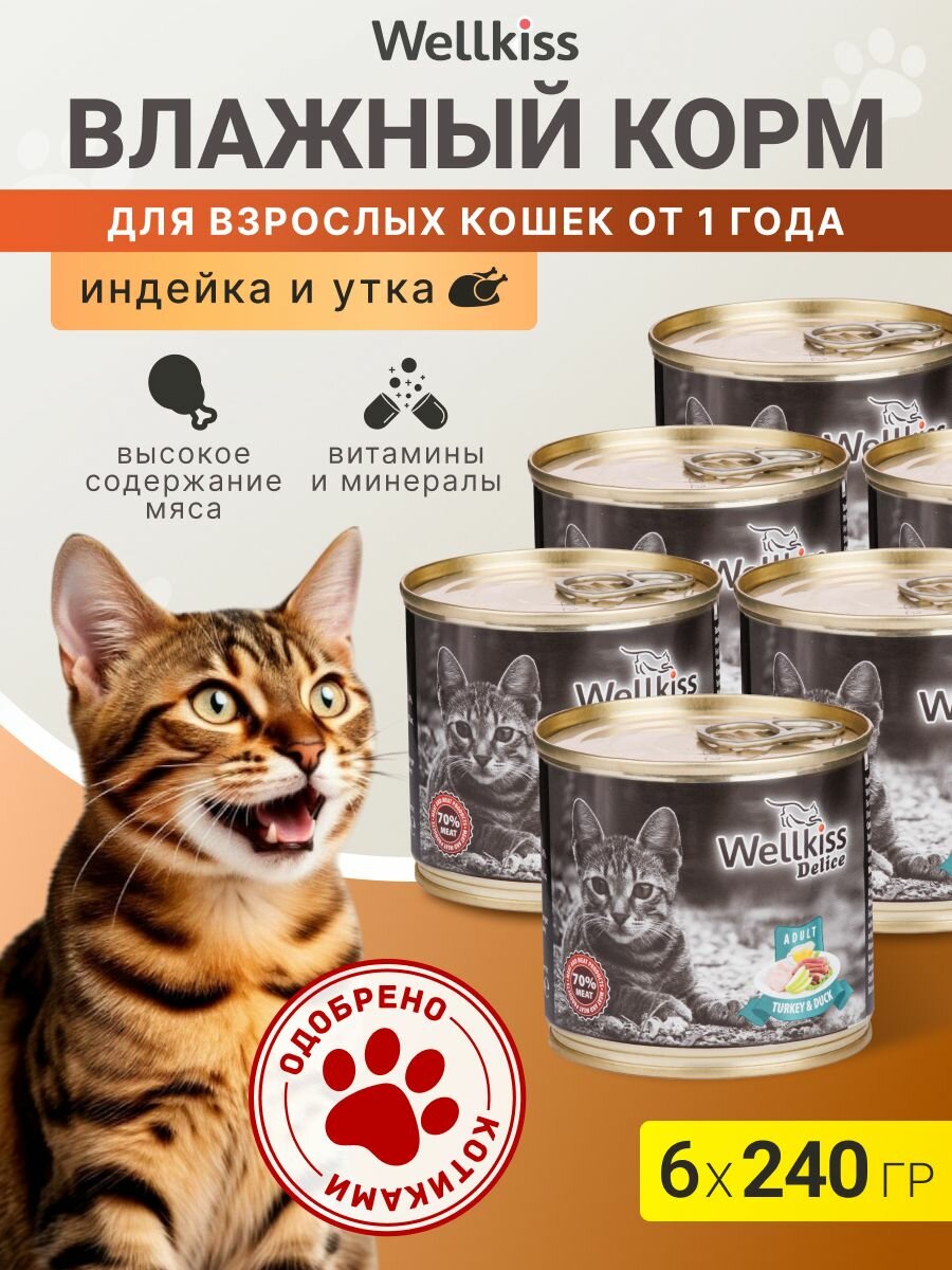 Wellkiss Delice Влажный корм (консервы) для кошек, с индейкой и уткой, 240 гр. * 6 шт.