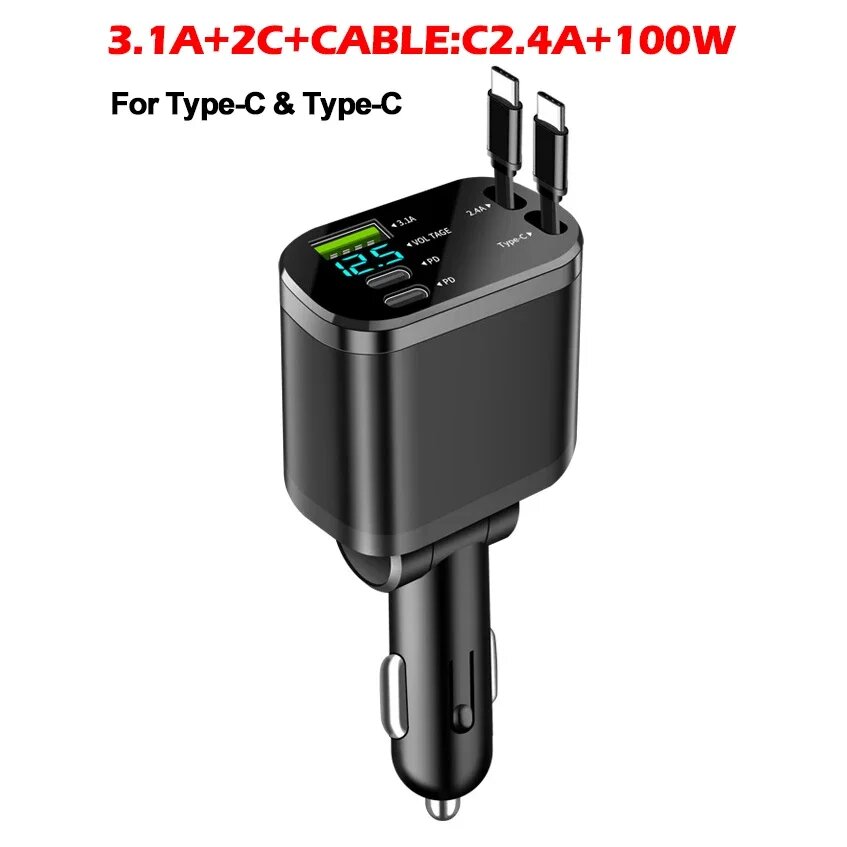 Выдвижное автомобильное зарядное устройство USB мощностью 120 Вт, адаптер прикуривателя 4-в-1 с кабелем быстрой зарядки PD Type-C для телефонов iPhone и Android 5-in-1-Dual-Type-C