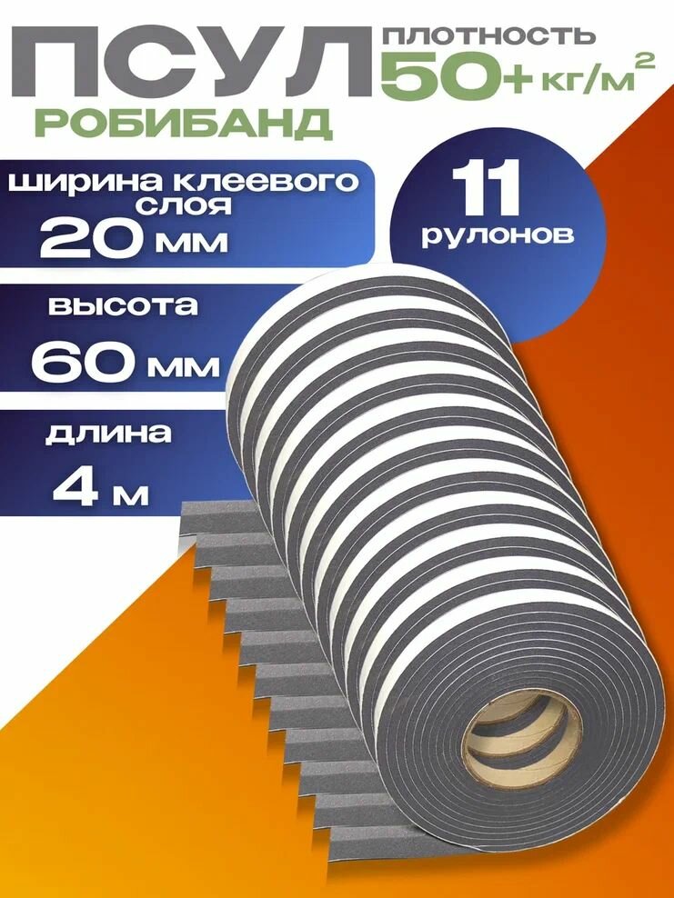 Робибанд ПСУЛ 20/60, 4 метра (плотность 50+ Премиум), Уплотнительная лента самоклеящаяся для дверей, окон, кровли, герметизации стыков, швов и зазоров, набор 11 рулонов
