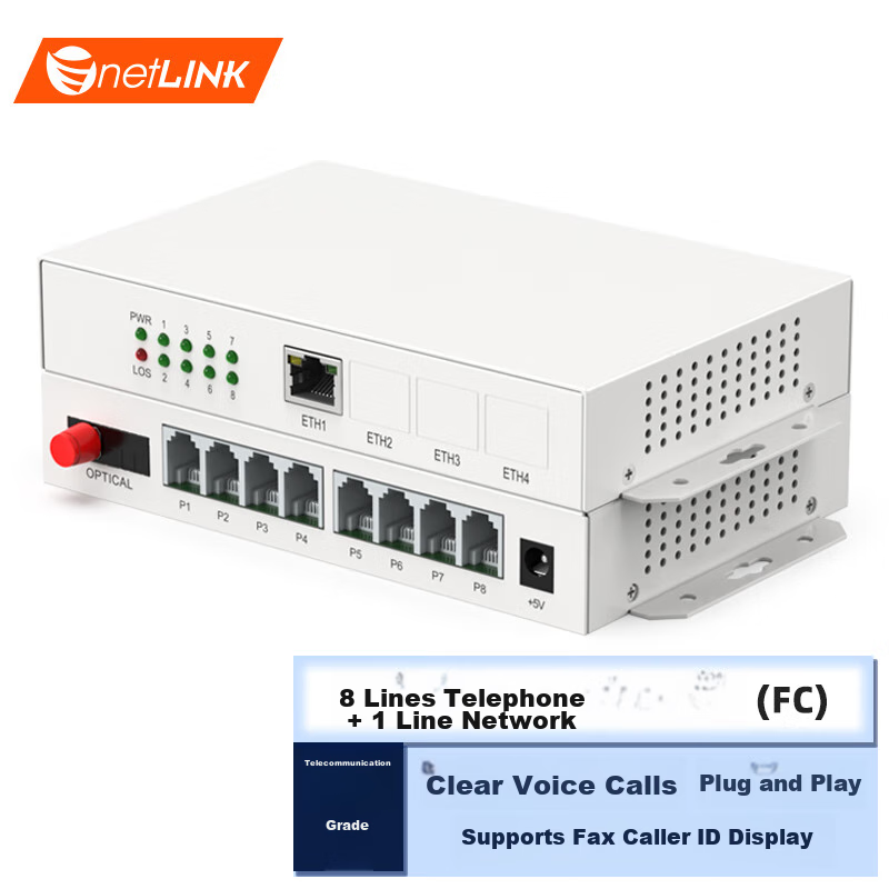 NetLINK HTB-WF8P1E, 8-Channel Telephone Optical Terminal + 1-Channel 100Mbps Network PCM Voice Optical Terminal, Telephone to Fiber Optic Converter, Extender, FC Port, One Pair