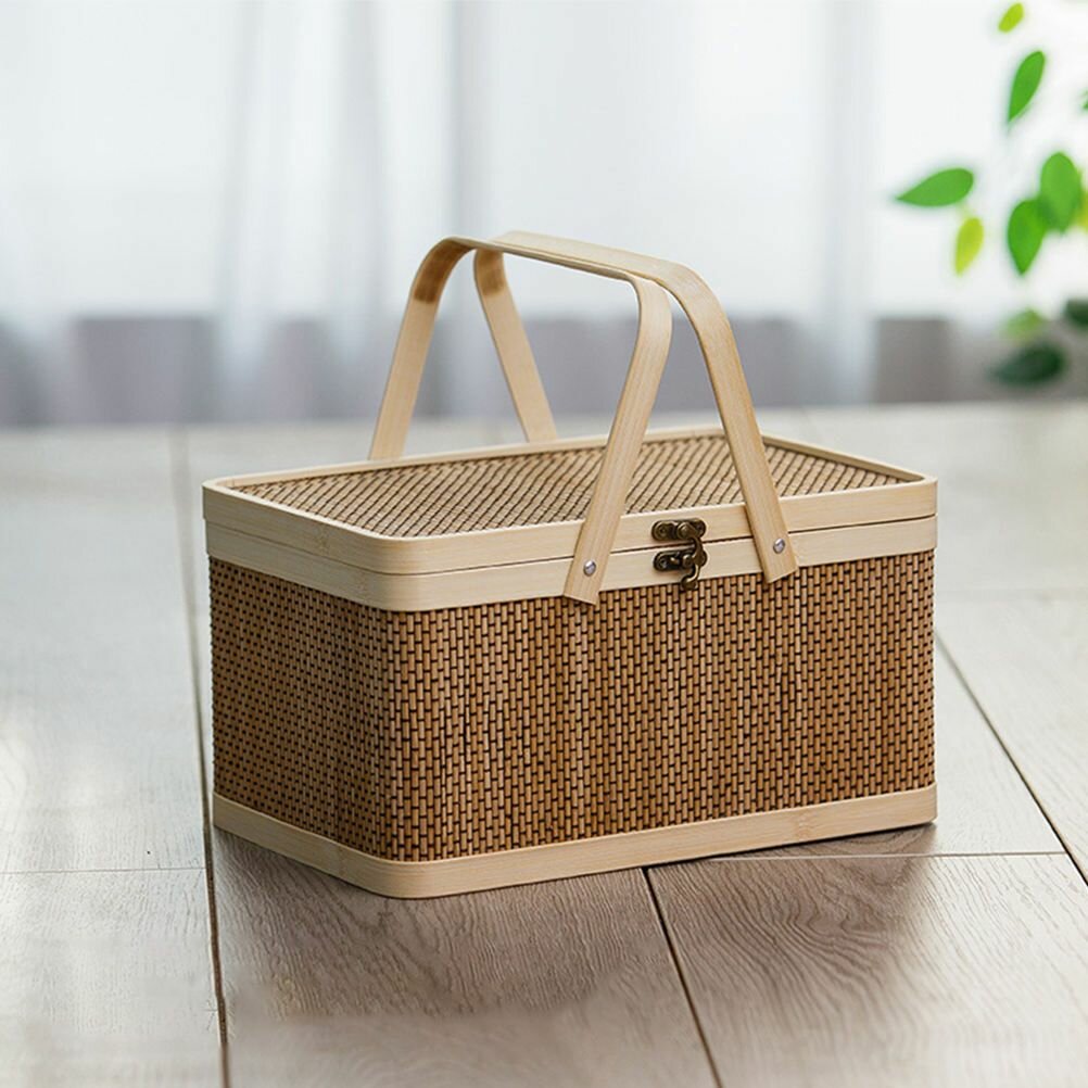 Пищевая Корзина Для Пикника Из Натурального Бамбука С Крышкой 30X20X16.5