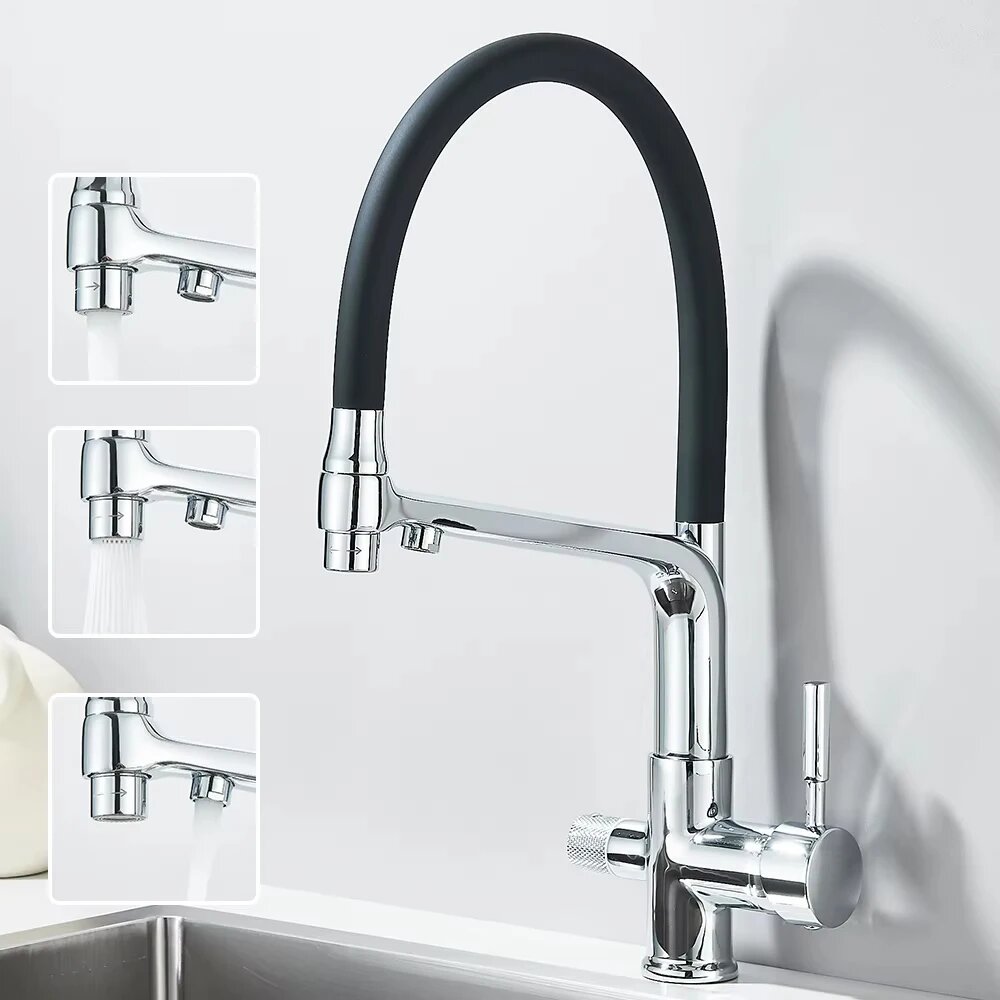 Матовый золотой кухонный кран с фильтрованной водой, двойной носик, функция очистки, кухонный кран, вращающийся на 360° водяной кран для кухни, Chrome