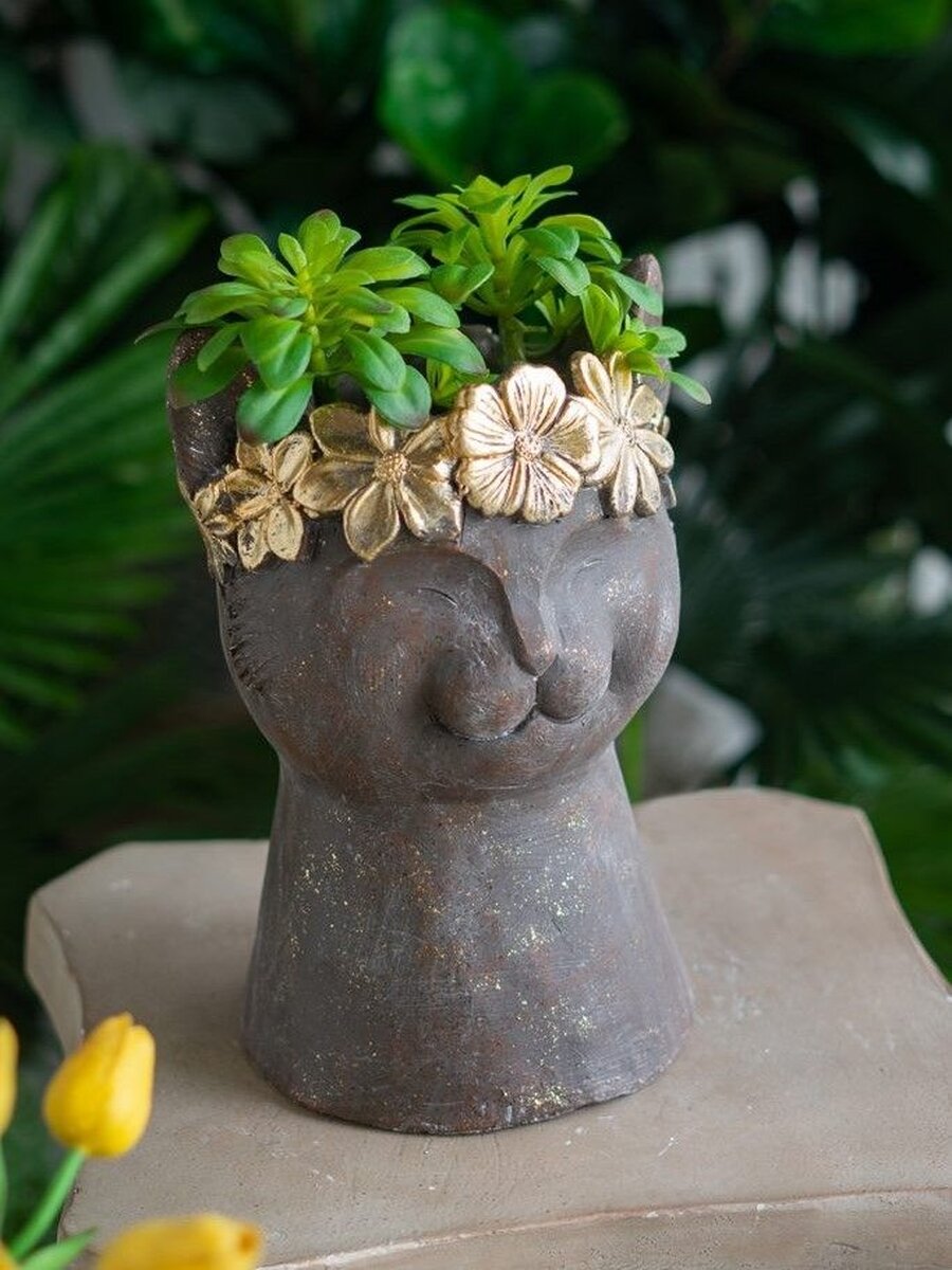 B5532 Кашпо Голова кошки, магнезит, коричневый/золотой 22х20х32см, Glasar