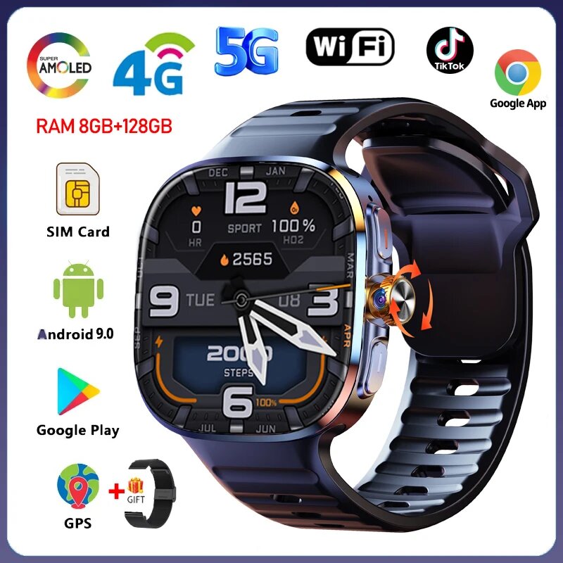 5G Smart Watch Google Play 8G 128G, Mesh belt black