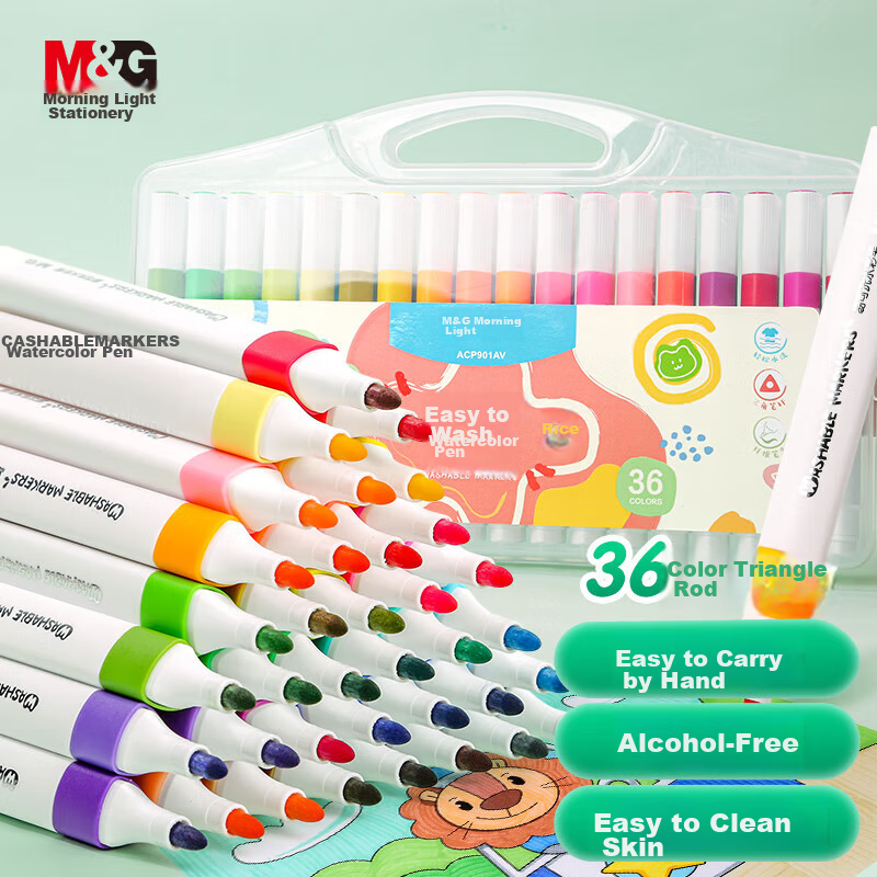 Chenguang (M&G) 36-Color Washable Watercolor Markers, Children's Triangular Handle Drawing Pens, Student Stationery Art Drawing Pen Set ACP901AV, 1 Box