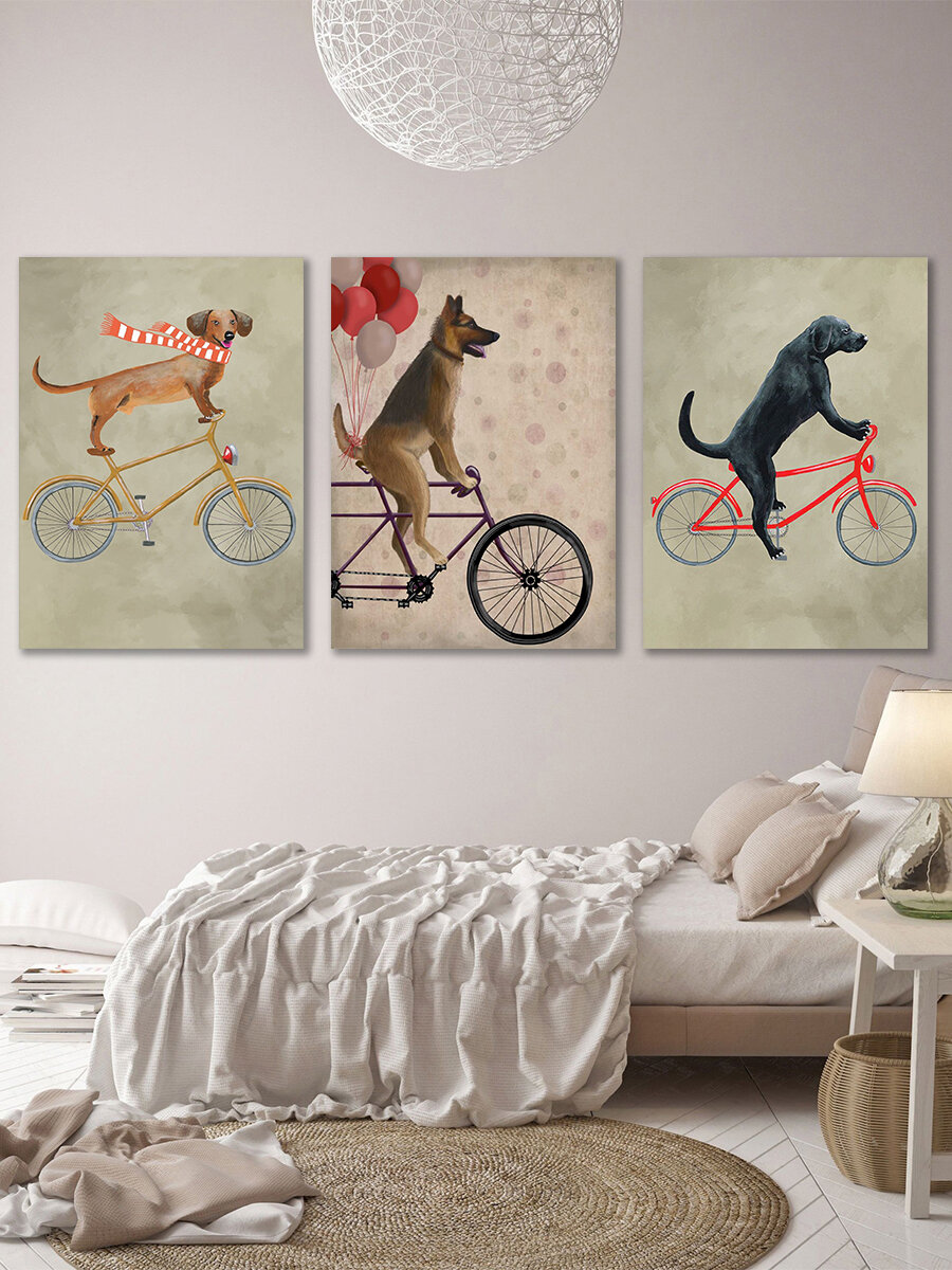 Модульная картина для интерьера на стену / картины на стену для интерьера 3 шт, "Собаки на велоспедах", модуль 80х180 см.