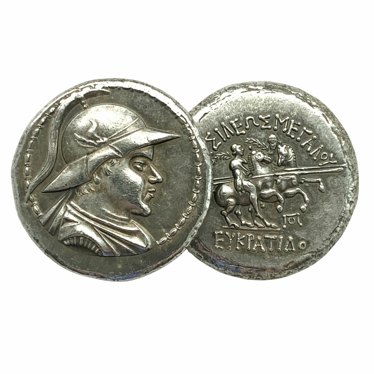 Античная монета Тетрадрахма 170 год до н. э. Греко-бактрийское королевство, Эукратидес l Мегас, тип 2 длинные копья. Коллекционная.
