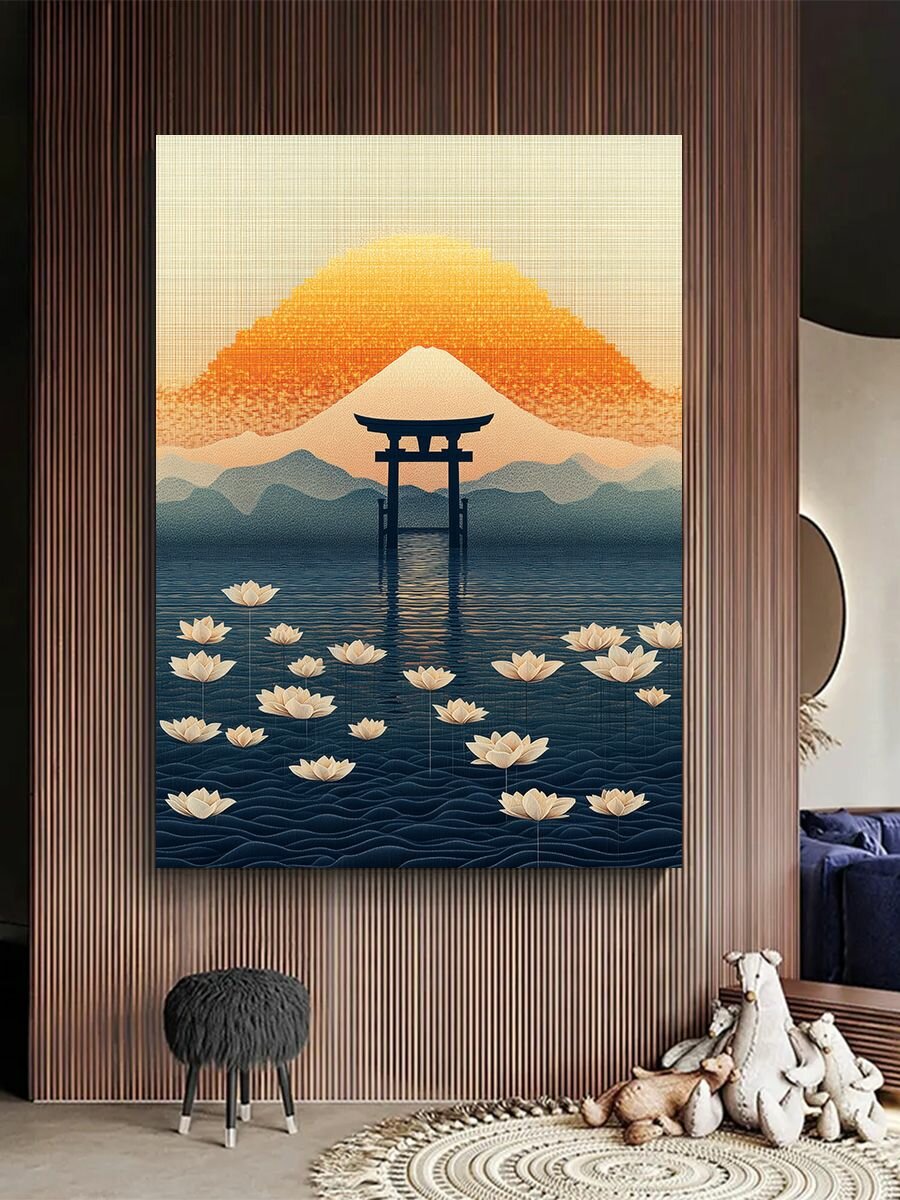 Картина интерьерная - "Пейзаж в японском стиле / гора Фудзи и сакура" , 40х60 см.