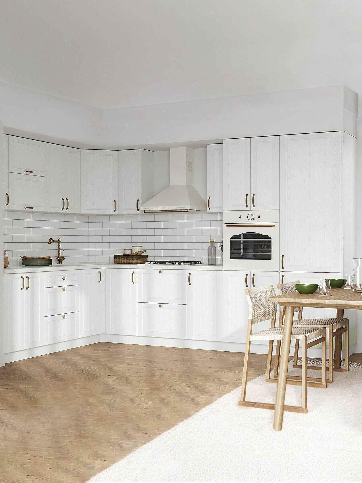 Кухонный гарнитур угловой Флоренс 3.2х2.2 м, мебель для дома и кухни, Белый / Белый текстурный