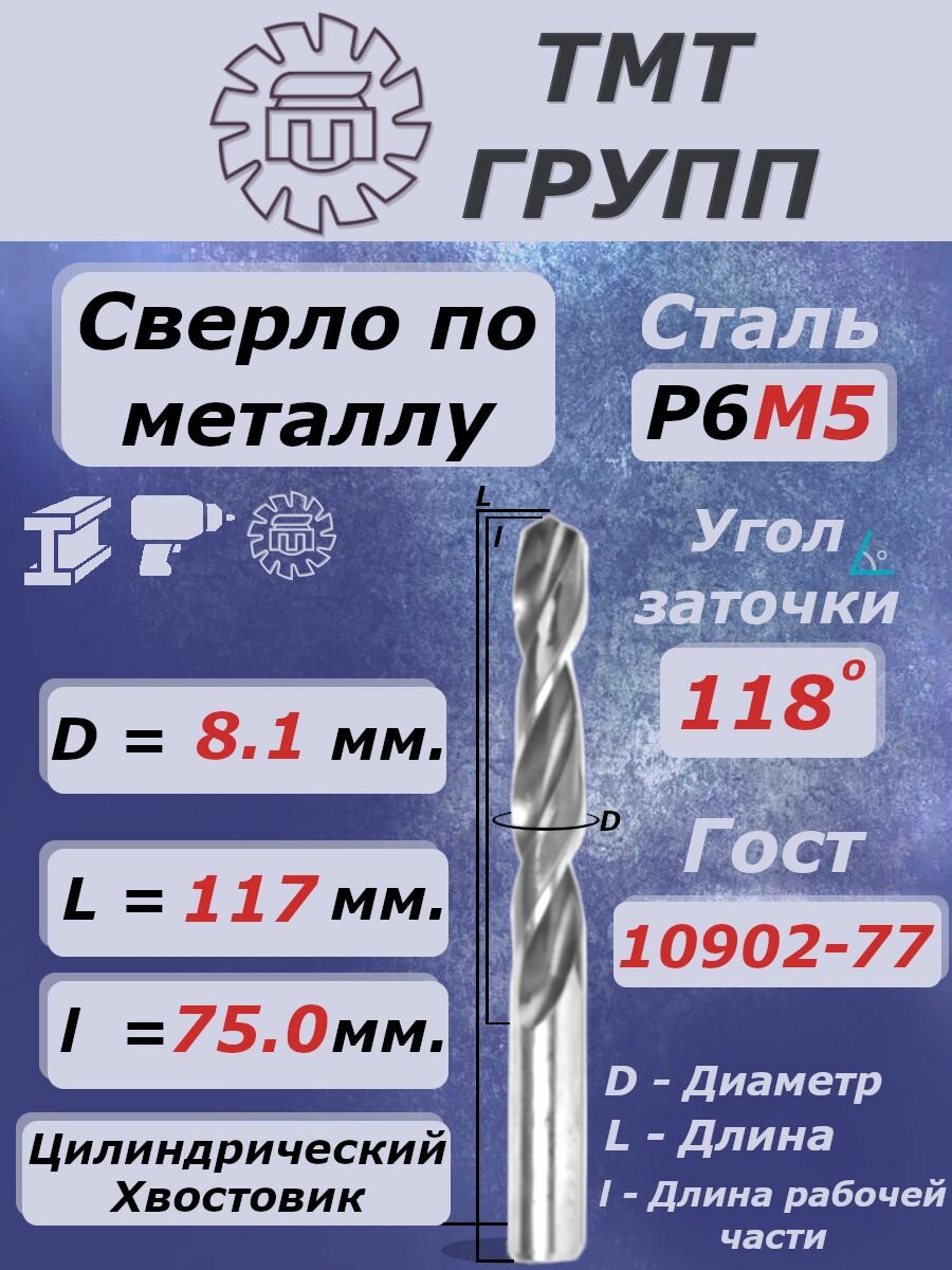 Сверло по металлу, цилиндрический хвостовик, ц/х, 8.1 мм. Р6М5 с*