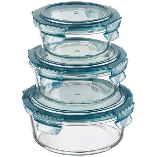 Набор контейнеров Elan Gallery 3 шт, круглые, 400 мл, 620 мл, 950 мл, с крышками, с защелками, стекло/пластик (240530)