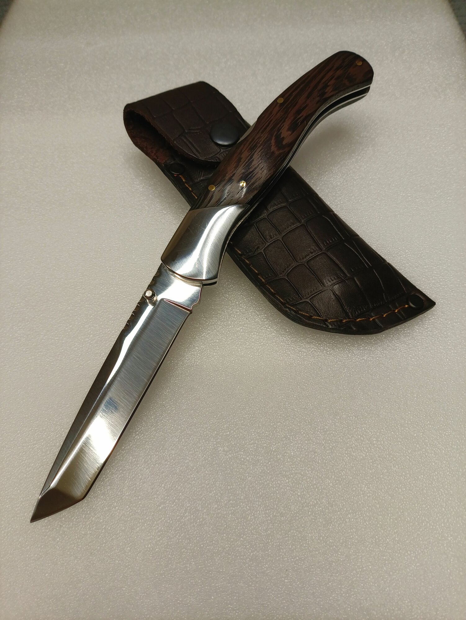 Нож складной Танто Сакура сталь 65x13 длина 25см ручная работа ножны натуральная кожа в комплекте