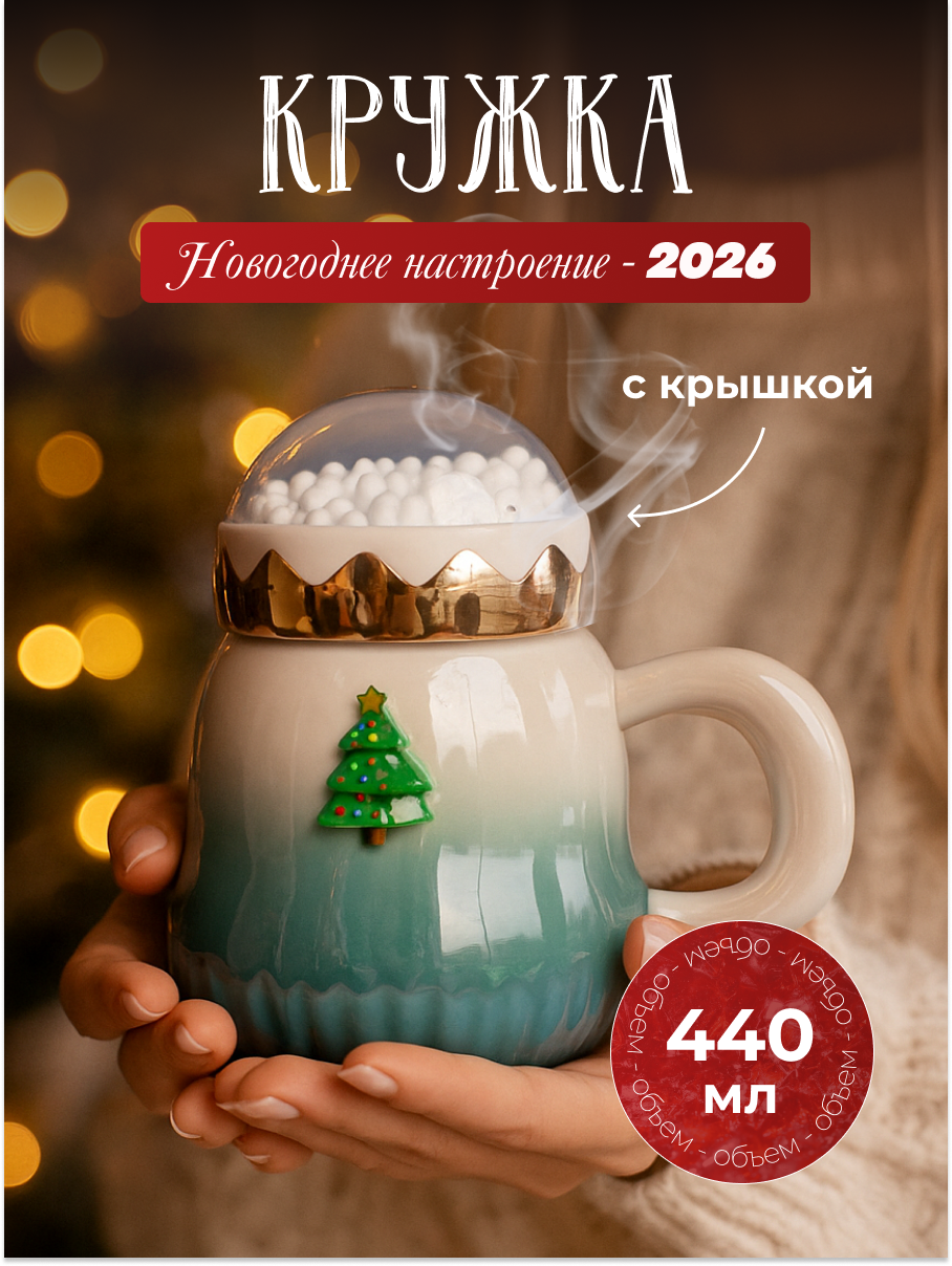 Кружка для чая новогодняя "Новый год Елка" синяя 440 мл, керамическая, с крышкой, подарочная